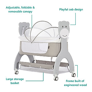 Dream On Me Cub Portable Bassinet in Grey, Multi-Use Baby Bassinet with Locking Wheels, Large Storage Basket, Mattress Pad Included, JPMA Certified
