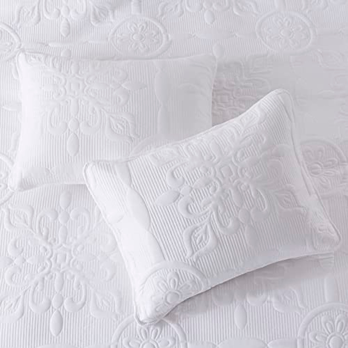 Damask Quilt Queen Size Bedding Sets with Pillow Shams, Boho Lightweight Soft Bedspread Coverlet, White Quilted Blanket Thin Comforter Bed Cover for All Season Spring Summer, 3 Pieces, 90x90 inches