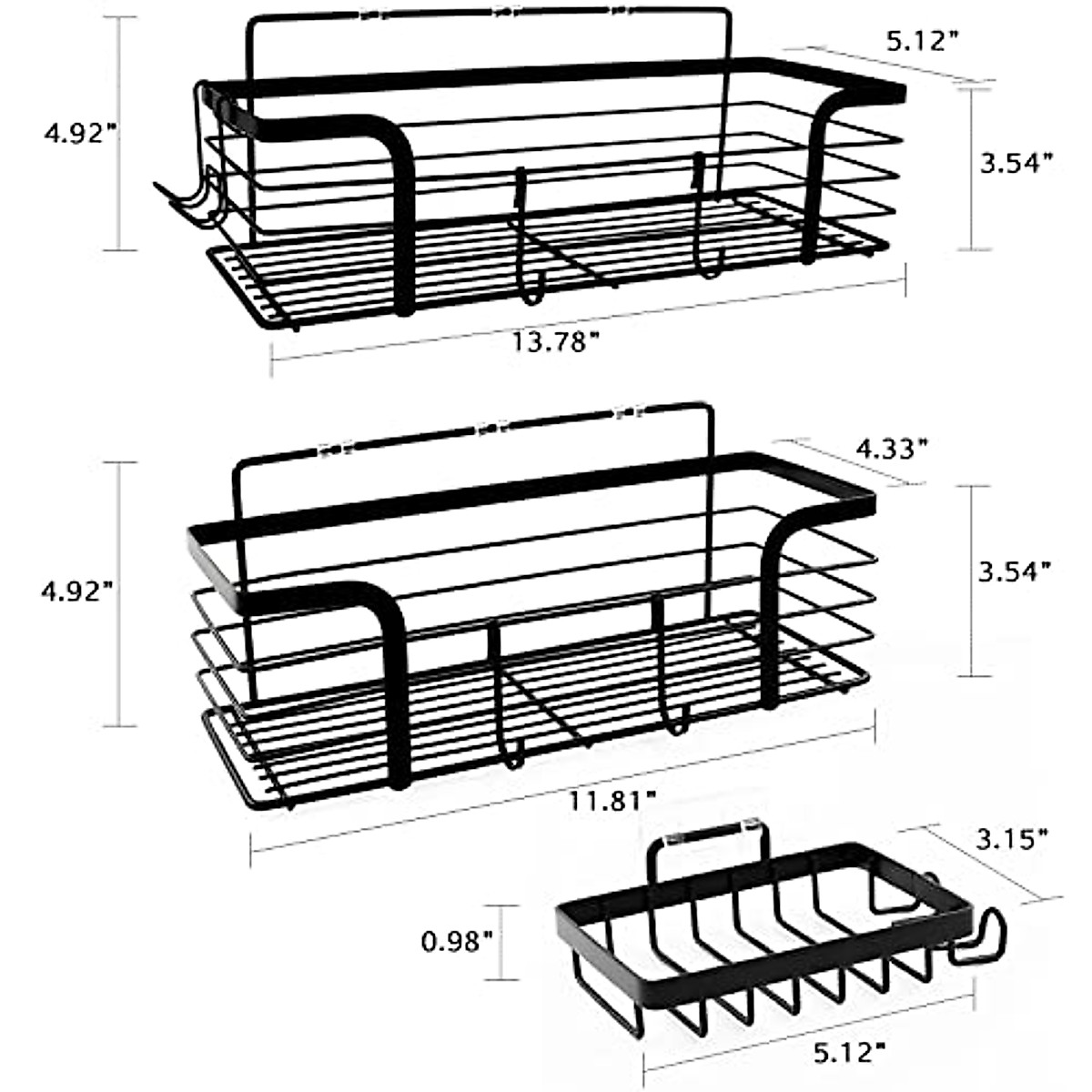 MBR FORCE Shower Caddy 3-Pack Adhesive Bathroom Shower Shelf, Large Capacity Stainless Steel Shower Organizer Shelves with Hooks, No Drilling, Rustproof, Wall Mount for Bathroom, Kitchen Black