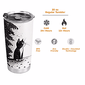 20oz Black and White Retro Vintage Cat Tumbler, Gifts for Cat Lovers, Coffee Thermos for Women, Stainless Steel Double Wall Vacuum Insulated Coffee Mug, Travel Cup with Lid