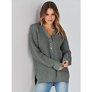ANRABESS Womens Oversized Sweater Long Sleeve Loose V Neck Button Jumper Casual Waffle Side Slit Knit Pullover 2024 Clothes X-Large Gray Green