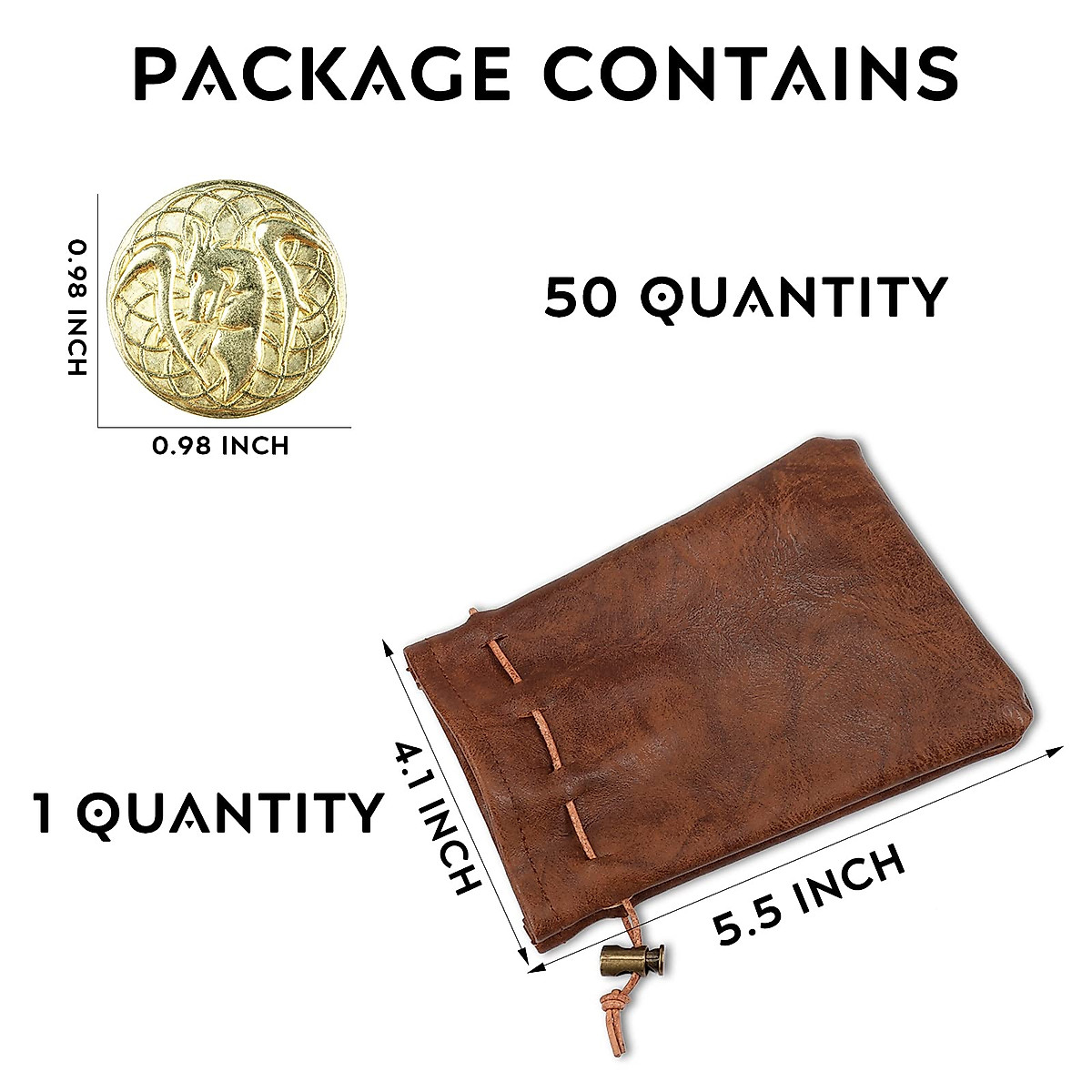 50 PCS Gold Coins & PU Leather Bag, DND Metal Coins, Fantasy Coins Treasure for Board Games, Fake Coins As Game Tokens for Dungeons & Dragons, Tabletop TTRPG Games Medieval Retro Accessories Addons