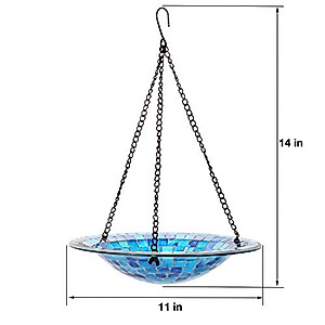 Lily's Home Hanging Colorful Mosaic Glass Bird Bath Bowl - 11" Diameter. (Blue)