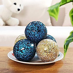 Honeydak 5 Pieces Glass Mosaic Sphere Decorative Balls for Centerpiece Bowls Turquoise Decorative Glass Balls Orbs Decorative Vases Fillers for Home Decoration Dining Table Bowls Tray, Blue,gold