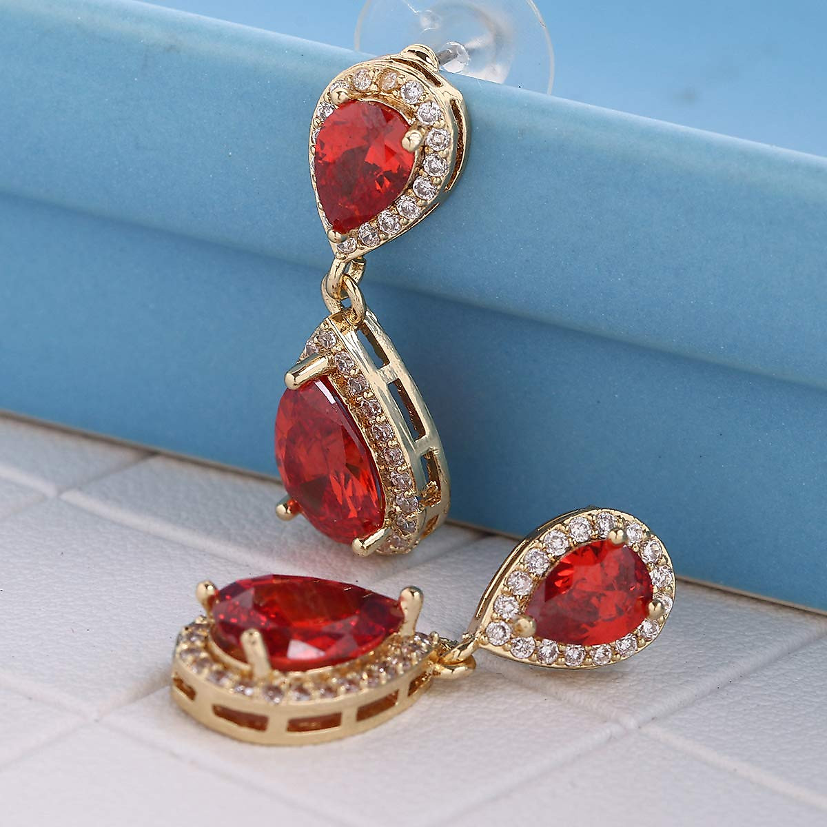 Ruby Gold Earrings for Women - 14k Gold Plated Teardrop Earrings Sterling Silver Pear-shaped CZ Cubic Zirconia Crystal Rhinestone Drop Earrings Bridal Jewelry for Bride Bridesmaids Party Prom Dance