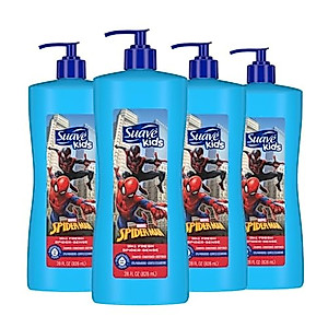 Suave Kids 3 in 1 Shampoo Conditioner Body Wash For Tear-Free Bath Time, Fresh Spider-Sense, Dermatologist-Tested Kids Shampoo 3 in 1 Formula 28 oz, Pack of 4