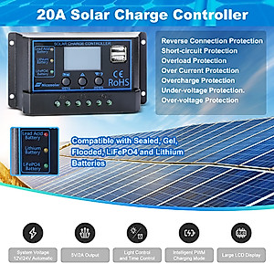 Nicesolar 20A 12V 24V Solar Charge Controller PWM Regulator for Solar Panel kit System for AGM Lead Acid Gel Sealed Flooded and Lithium Battery, LiFePO4 Lithium Ion Phosphate Deep Cycle Battery