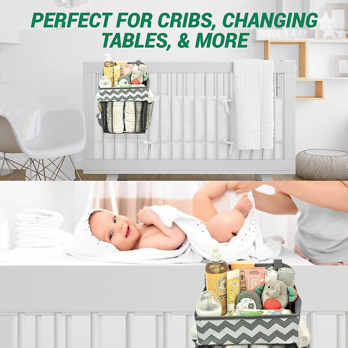 Babywards Hanging Diaper Caddy Organizer - Large Nursery Storage for Essential Newborn Baby Items - 2 Compartments, 3 Mesh Pockets - Durable Hooks to Hang on Bassinet, Changing Table, Crib