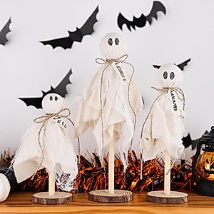 Arosche Halloween Decorations Indoor Halloween Ghost Table Decorations 3Pcs on Wooden Stand Spooky Boo Cute Vintage Halloween Table Decor Centerpieces for Desk Fireplace Mantle Shelves Party