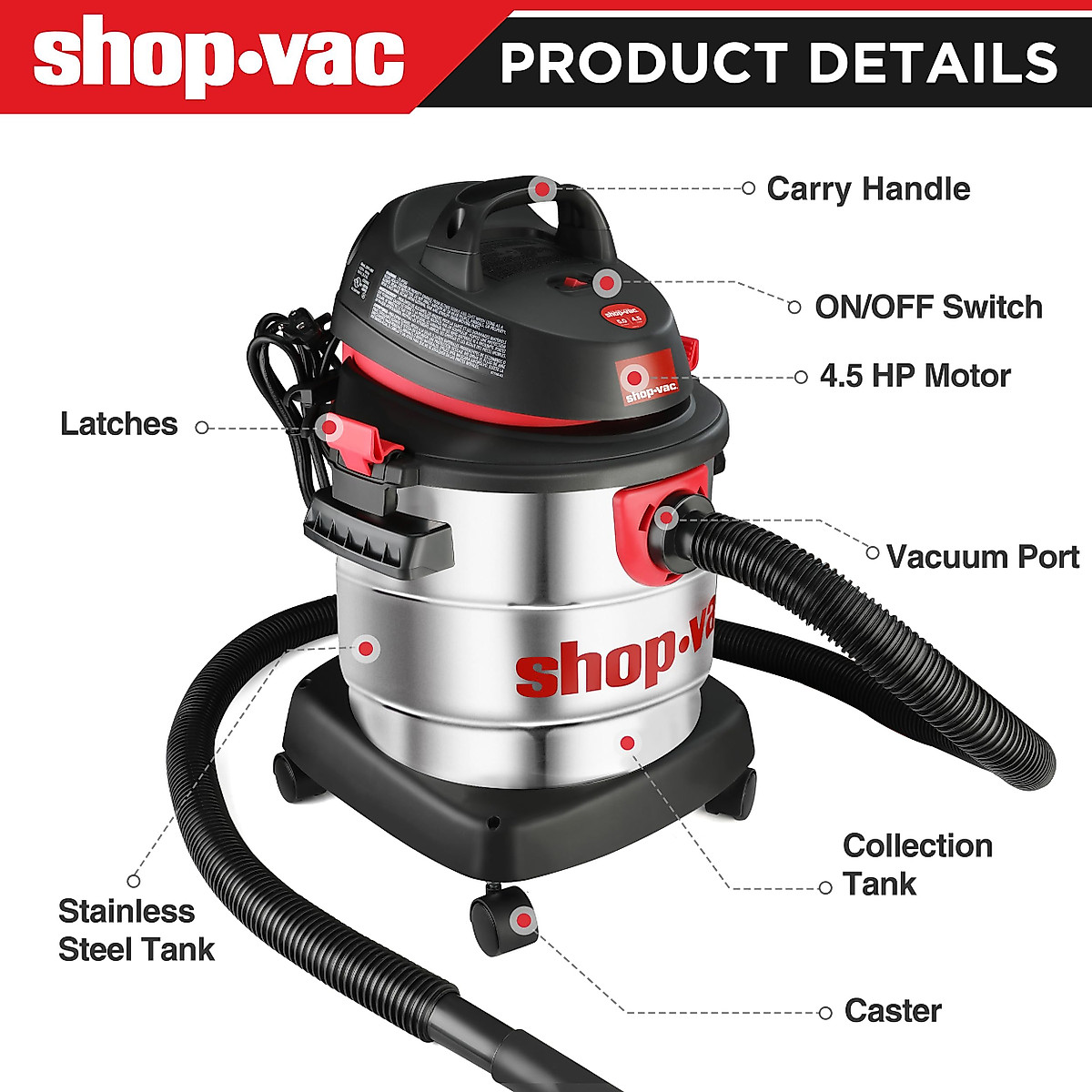 Shop-Vac 5 Gallon 4.5 Peak HP Wet/Dry Vacuum, Stainless Steel Tank, Portable Shop Vacuum with Attachments for Jobsite, Garage & Workshop. 5989300