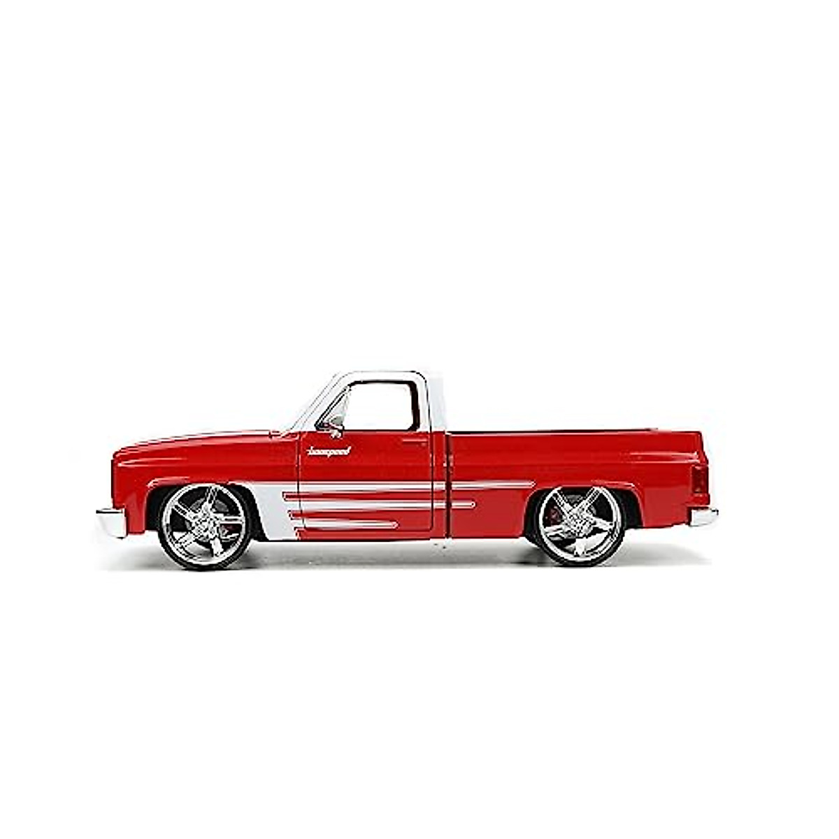 Just Trucks 1:24 1985 Chevy C10 Die-Cast Truck w/Tire Rack, Toys for Kids and Adults(Red/White)
