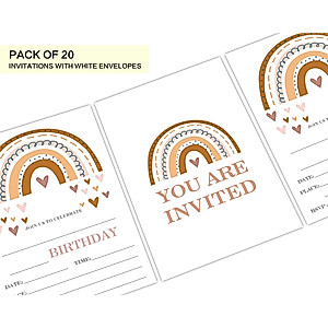 JJOINUS Birthday Party Invitations for Girls Kids, Boho Brown Rainbow Invites With Envelopes, 20 Pieces of Fill-in Blank Invitation Card Kit