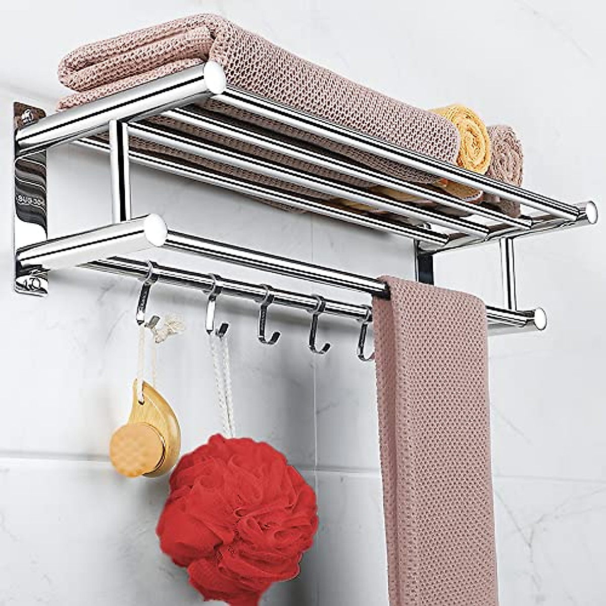 LELUXE Bathroom Towel Rack Shelves - SUS304 Stainless Steel Rustproof with Double Towel Bar & 5 Hooks, Shower Room Organizer, Shelf Holder, Bathroom Storage for Towels, Bathrobes, Shower Caddy, Brush