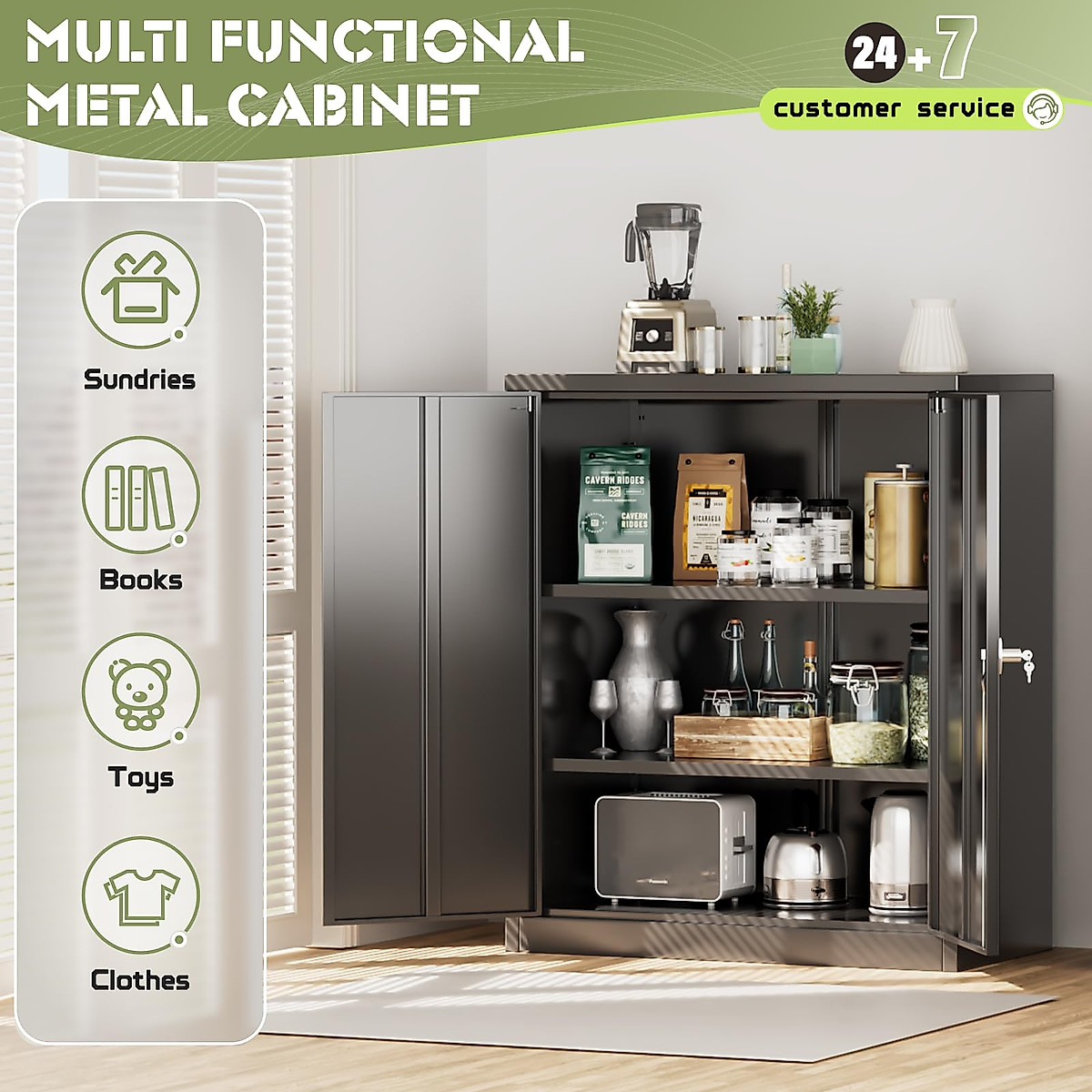 Oakmont Metal Storage Cabinet for Tool Organization, 42" Lockable Garage Storage Cabinets with 2 Doors and 4 Adjustable Shelves, Locking File Cabinet for Office, Home, School (42”-Black)