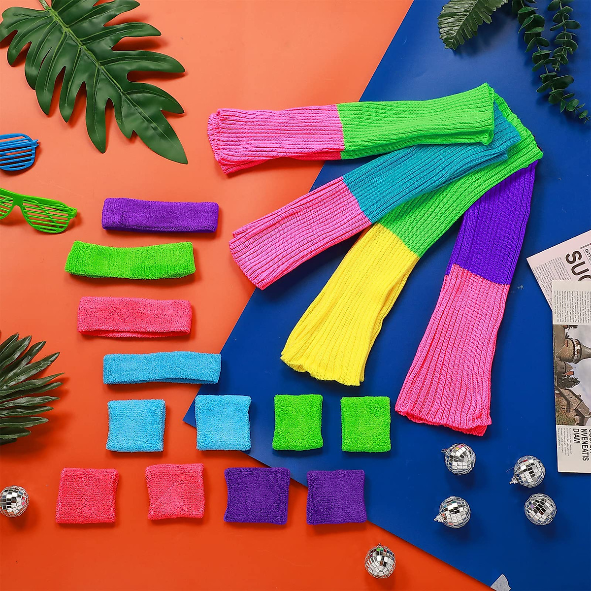 Women 80s Leg Warmers Set Ribbed Leg Warmer for Neon Party with 4 Sets Fitness Headband Wristbands for Yoga Sport (Bright Color)