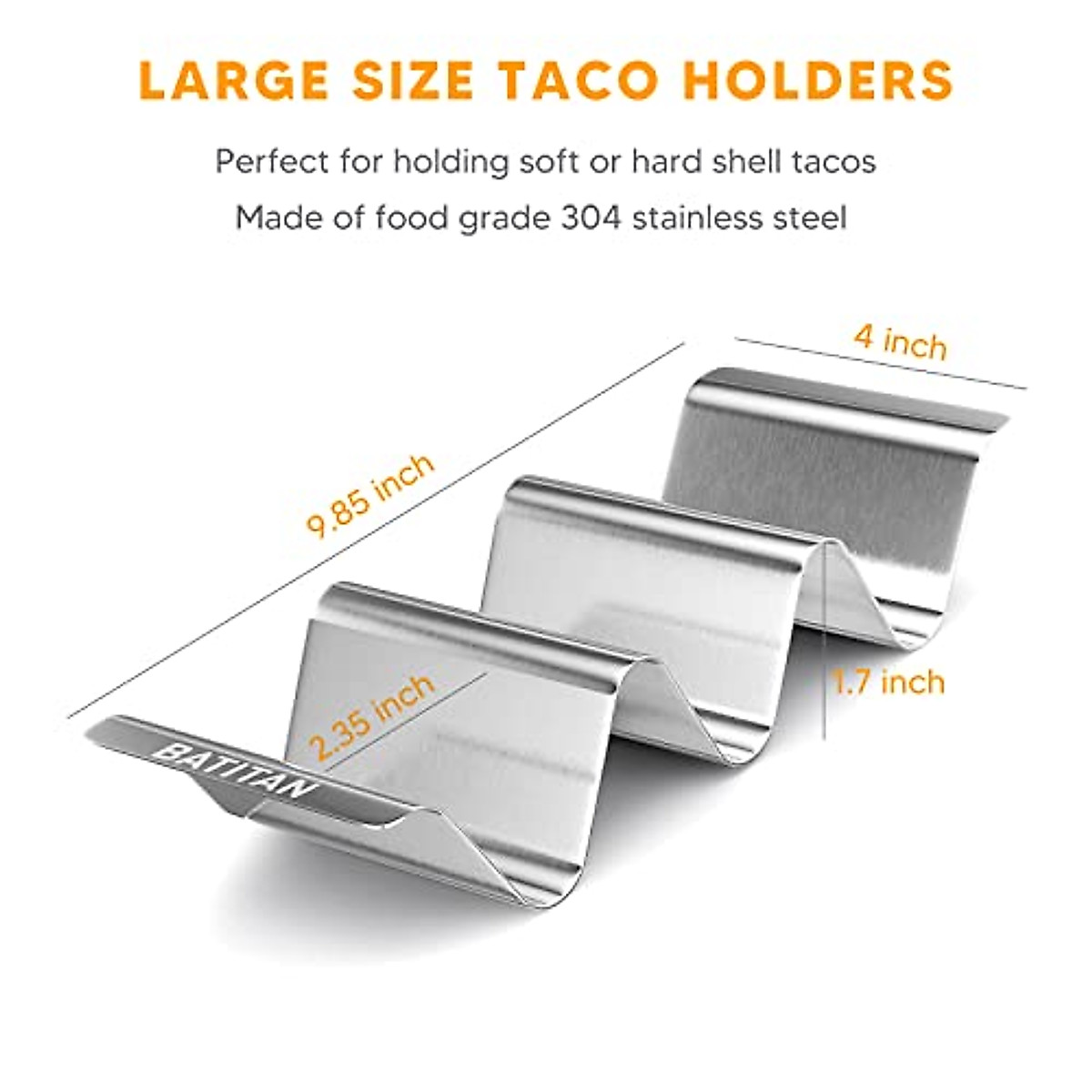 Taco Holder, Taco Stand, Taco Holders Set of 4, Stainless Steel Taco Rack with Handles, Each Metal Taco Tray Plates Holds Up to 2 or 3 Hard or Soft Taco Shells, Oven Grill and Dishwasher Safe