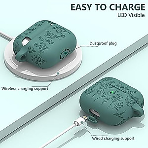 Flower Engraved Case for Apple AirPods 3 Case 2021, Soft Silicone Protective Case for AirPods 3rd Generation Case for Women Airpod Case with Clean Kit,Carabiner,Lanyard,Front LED Visible,Pine Green