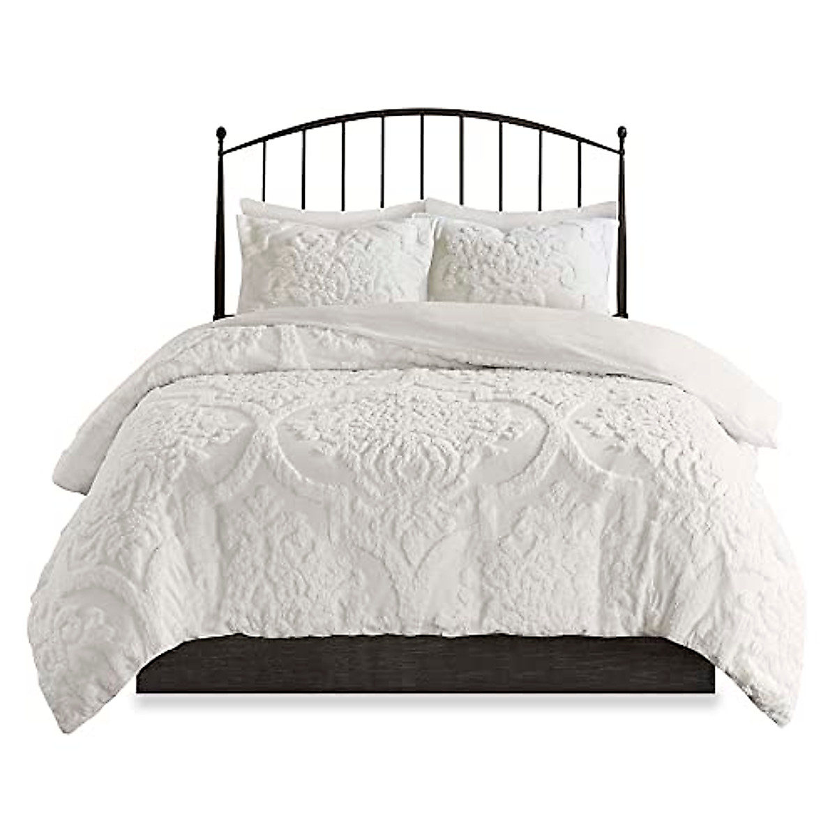 Madison Park Tufted Chenille 100% Cotton Duvet- Modern Luxe All Season Comforter Cover Bed Set with Matching Shams, King/Cal King(104"x92"), Damask Off White 3 Piece