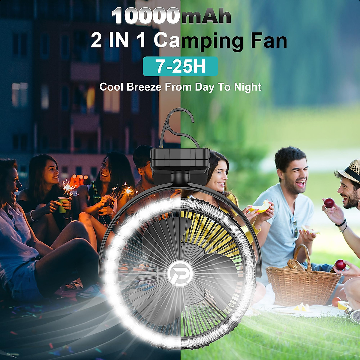 Battery Operated Fan, 10000mAh Camping Fan Battery Powered, 8'' Rechargeable Portable Desk Fan for Bedroom Office, Cordless Clip on Fan with Hook, Light for Golf Cart Outdoor Camping Tent RV Car Bed