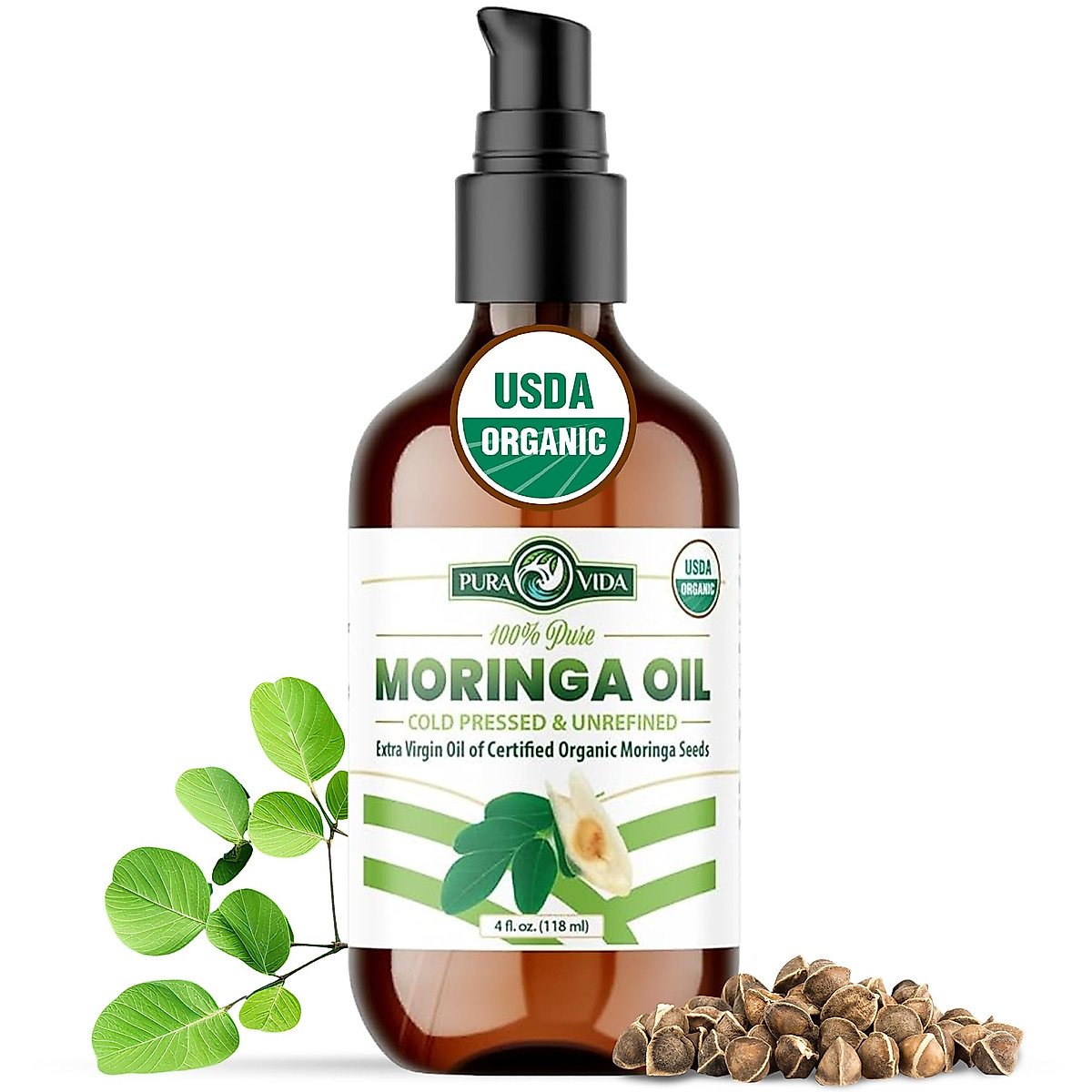 100% Pure Moringa Oil Organic for Face, Hair, Nails and Dry Skin - USDA Certified Single Origin Moringa Oleifera Seeds Extract - 3rd Party Tested, Cold Pressed & Unrefined Organic Moringa Seed Oil
