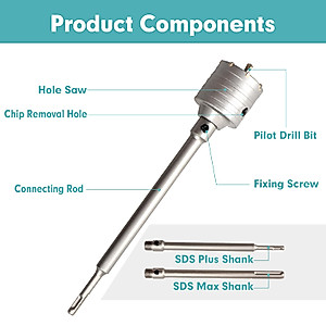 YOSIGHT 9Pcs Masonry Concrete Hole Saw Kit, Tungsten Carbide 300 mm SDS Plus and SDS Max Bit Shank Diamond Core Drill Bits Set (30 40 65 80 100 mm), Hole Saw Set for Concrete Brick Stone Cement Tile