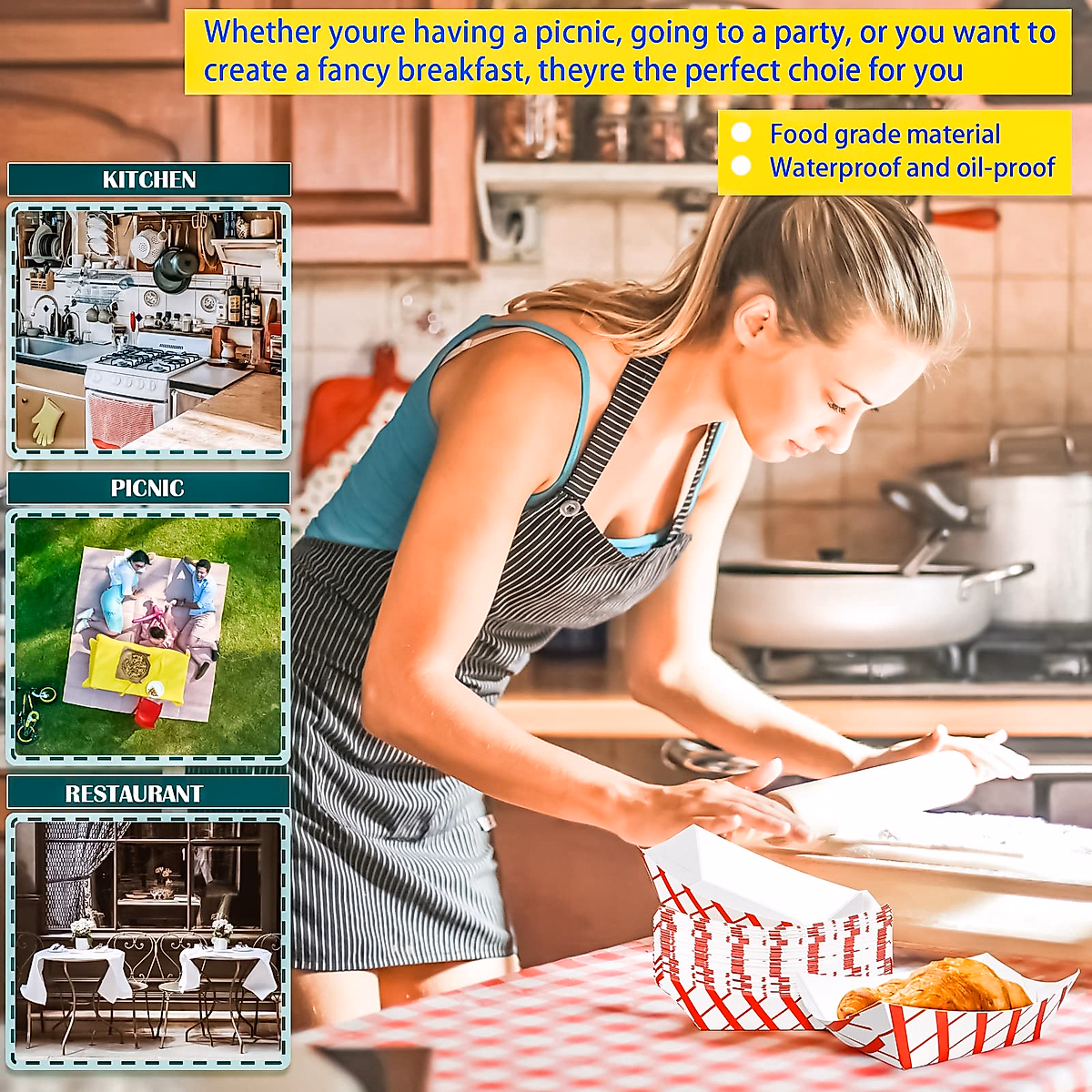 MotBach 100 Pack 3lb Paper Food Trays,Disposable Greaseproof Kraft Checkered Carnival Food Serving Take Out Basket Tray Boat for Snacks Fries Nachos Popcorn Hot Dogs Carnival Wedding Party Picnic