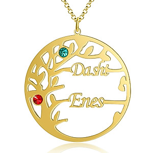 MRENITE 10k 14k 18k Solid Yellow Gold Personalized Name Family Tree Necklace with Birthstone –Dainty Nameplate Tree of Life Birthstone Pendant- Custom Any Name Gift for Womens Adults Mens (2 names)