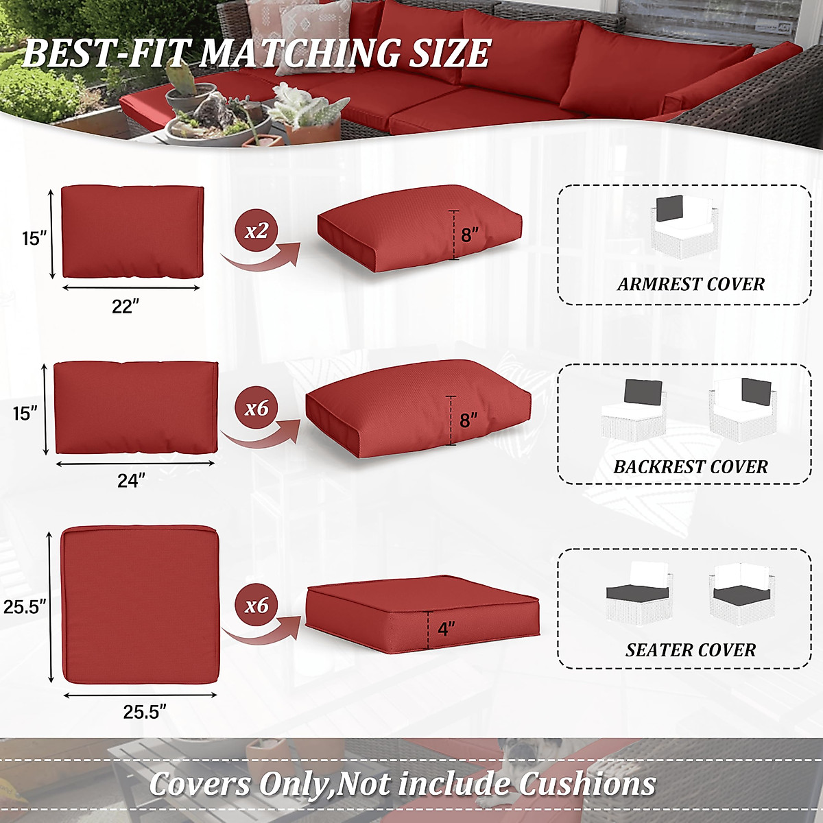 14 Pcs Outdoor Cushion Covers Patio Cushion Slipcovers Replacement Splash Proof with Zipper for Outdoor Furniture, Patio Sofa Couch 3 Sizes, Covers Only