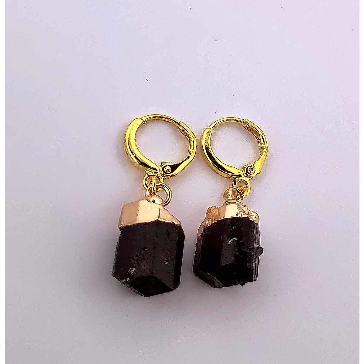 Natural Black Tourmaline Gold Dangle Earrings NBTGDE2