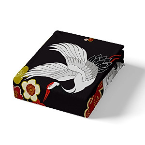 Erosebridal Japanese Ukiyoe Duvet Cover Cherry Blossom Bedding Sets King White Crane Bird Comforter Cover Animal and Botanical Theme Bedding, Microfiber Breathable Quilt Cover Black