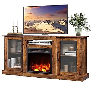 WLIVE Fireplace TV Stand for 65" TV, Entertainment Center with 18 Inch Electric Fireplace, TV Console with Open Shelves for Living Room, Rustic Brown