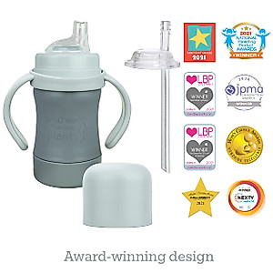 green sprouts Sprout Ware Plant-Plastic Sip & Straw Cup, Includes Sippy & Straw Spouts, Easy Grip Handles, Gray
