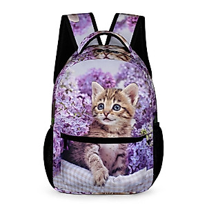 Niapessel Kids Backpack for School, Cute Kitten Purple Flower Pattern Students Bookbags School Bags Girls Boys