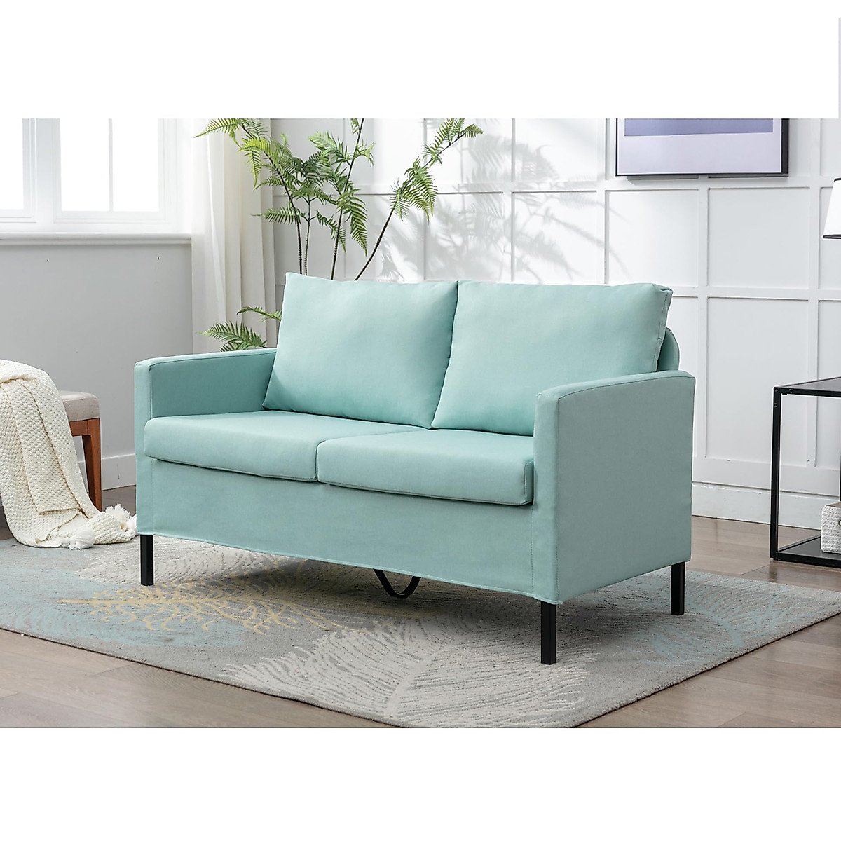 TYBOATLE 51" W Linen Fabric Upholstered Modern Loveseat Sofa Couch for Living Room, Love Seats 2-Seater Furniture w/Iron Legs for Compact Space, Apartment, Bedroom, Dorm, Office, Aqua Blue