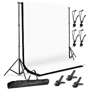 SLOW DOLPHIN Photo Background Support System with Backdrop Stand Kit, 100% Pure Muslin 6.5 Ft x 10 Ft (White/Black) Backdrop,Clamp, Carry Bag for Photography Video Studio