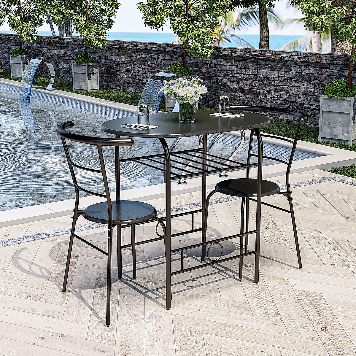 Bonzy Home 3-Piece Dining Table Set, Wooden Round Table & Chair Set for Kitchen, Dining Room, Outdoor bar, Compact Space/Steel Frame, Built-in Wine Rack