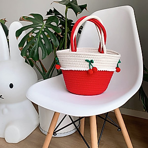 LOHGOU Women Girls Handwoven Cotton Handbag Cute Cherry Tote Bag Summer Beach Purse (Red)