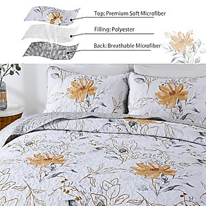 Yiran Floral Quilt Set Queen Grey Botanical Bedspread 3 Pieces Reversible Bedding Quilt Soft Microfiber Rustic Coverlet Sets with 2 Pillow Shams