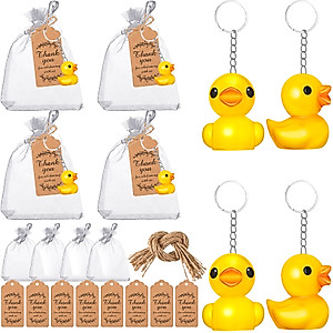 200 Pieces Cute 3D Duck Keychain Rubber Duck Birthday Party Favors Mini Cartoon Duck Key Chain Thank You Tags White Gift Bags with Rope Duck Pendant Accessories for Birthday Party Baby Shower