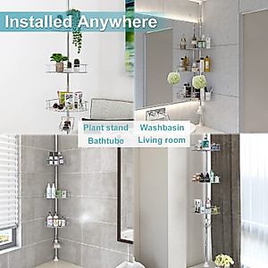 Tension Shower Caddy , Stainless Steel Corner Shower Caddy Stand Storage Organizer with Rustproof Tension Pole for Bathroom Bathtub Shampoo Soap Plants, 4 Tier Adjustable Shelves, 54 to 125 Inch