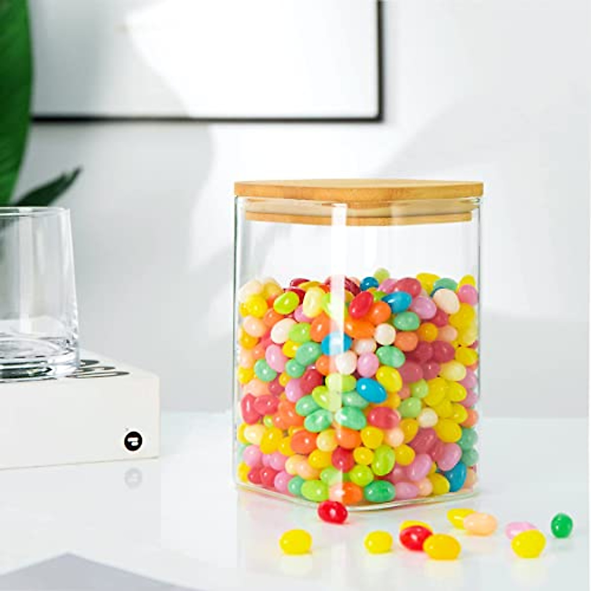 Diamond Star Airtight Glass Jar with Bamboo Wood Lid Kitchen Food Canisters Glass Storage Container for Pantry(Square(4" X 5.7"))