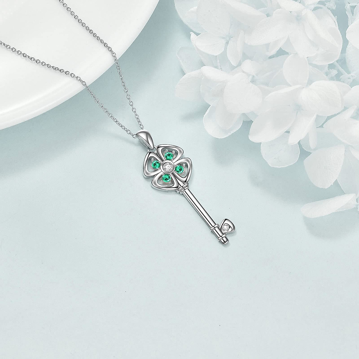St. Patrick's Day Four Leaf Clover Necklaces Sterling Silver Wiccan Key Jewelry Irish Good Luck Gift for Women(Four Leaf Clover)