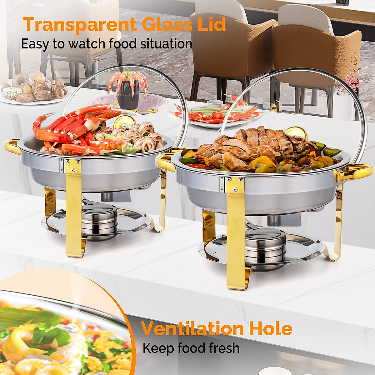 ROVSUN 5QT 4 Packs Chafing Dish Buffet Set Gold Accent, NSF Round Stainless Steel Buffet Warmer Chafers and Warmers Sets with Glass Lid & Lid Holder for Catering Events Parties Weddings Dinners