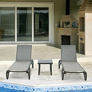 SHPAI Outdoor Chaise Lounge 3 Pieces Aluminum Patio Lounge Chair with 5 Adjustable Position Recliner Chair Outside Tanning Chairs for Patio, Beach, Yard, Pool, Side Table Included (Gray)