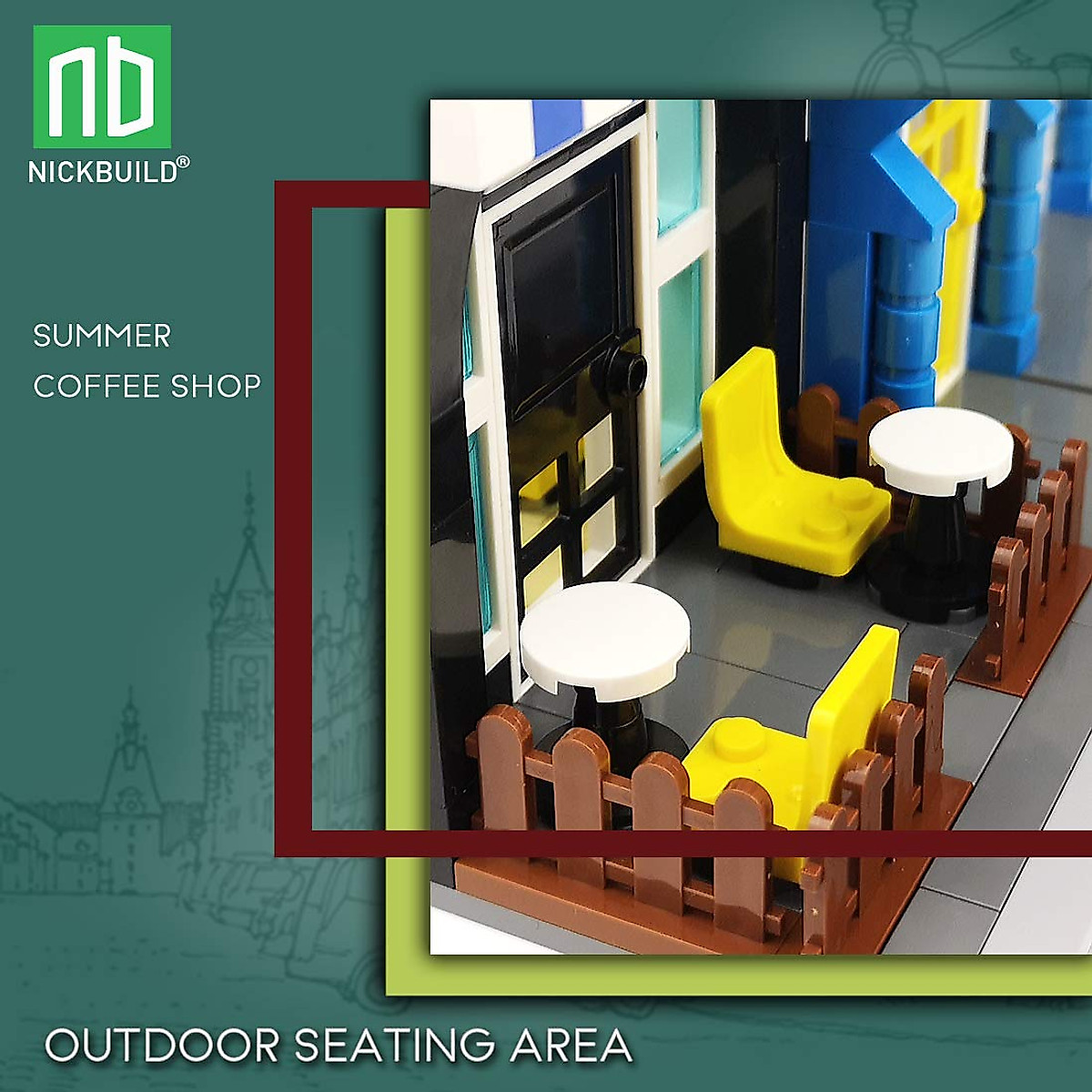 Nickbuild Street Summer Coffee Shop MOC Building Blocks Toy, Towns Series Kits, Collectible Play Model Set and Building City Toys for Kids and Teens (1278 PCS)