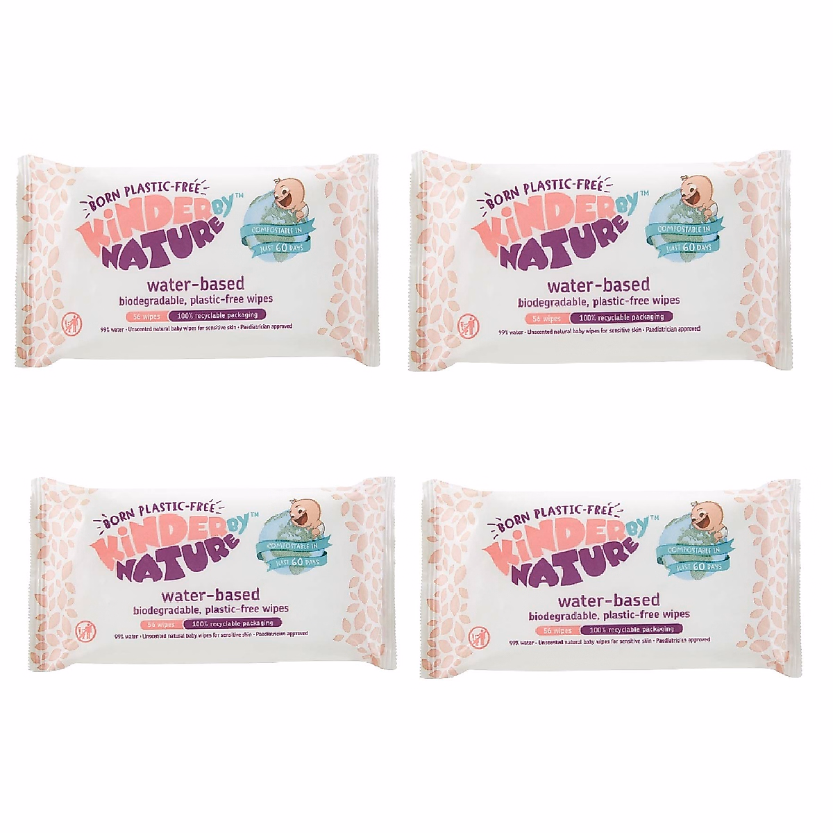 Kinder by Nature Water-Based Baby Wipes - 100% Biodegradable & Compostable, 224 Count (4 Packs of 56) - 99% Water, Plastic-Free Wipes