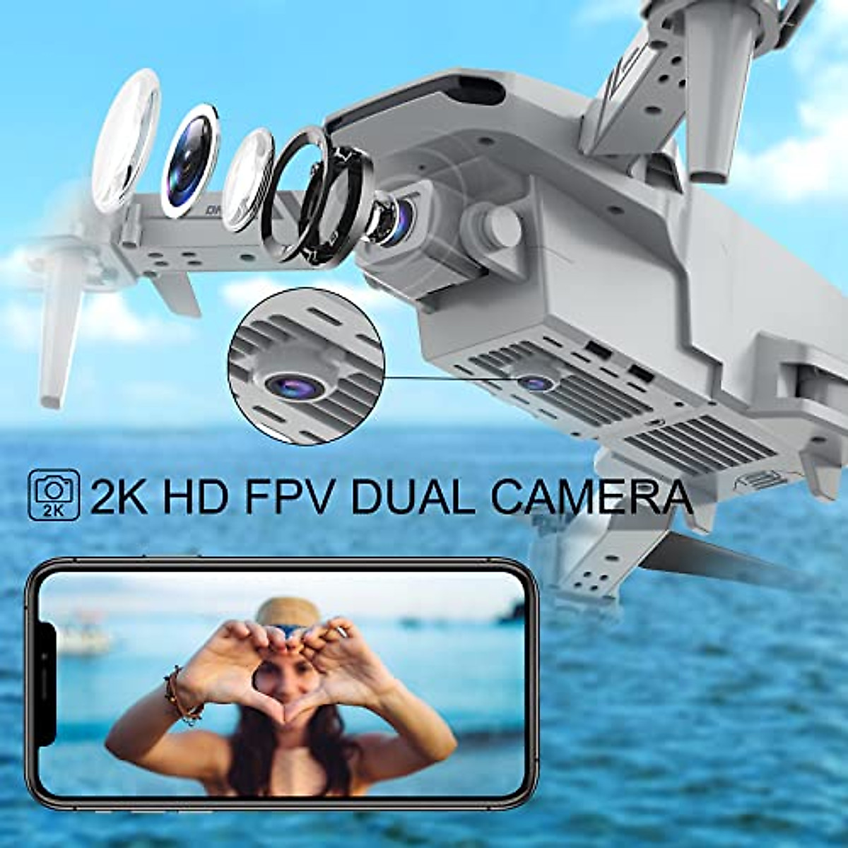 ScharkSpark Drone with 2K HD FPV Dual Camera for Adults and Kids, Mini RC Drone with 3D Flips/Altitude Hold/Headless Mode/Gesture Selfie/Waypoint Flight, 2 Batteries and Case, Gifts for Boys and Girls