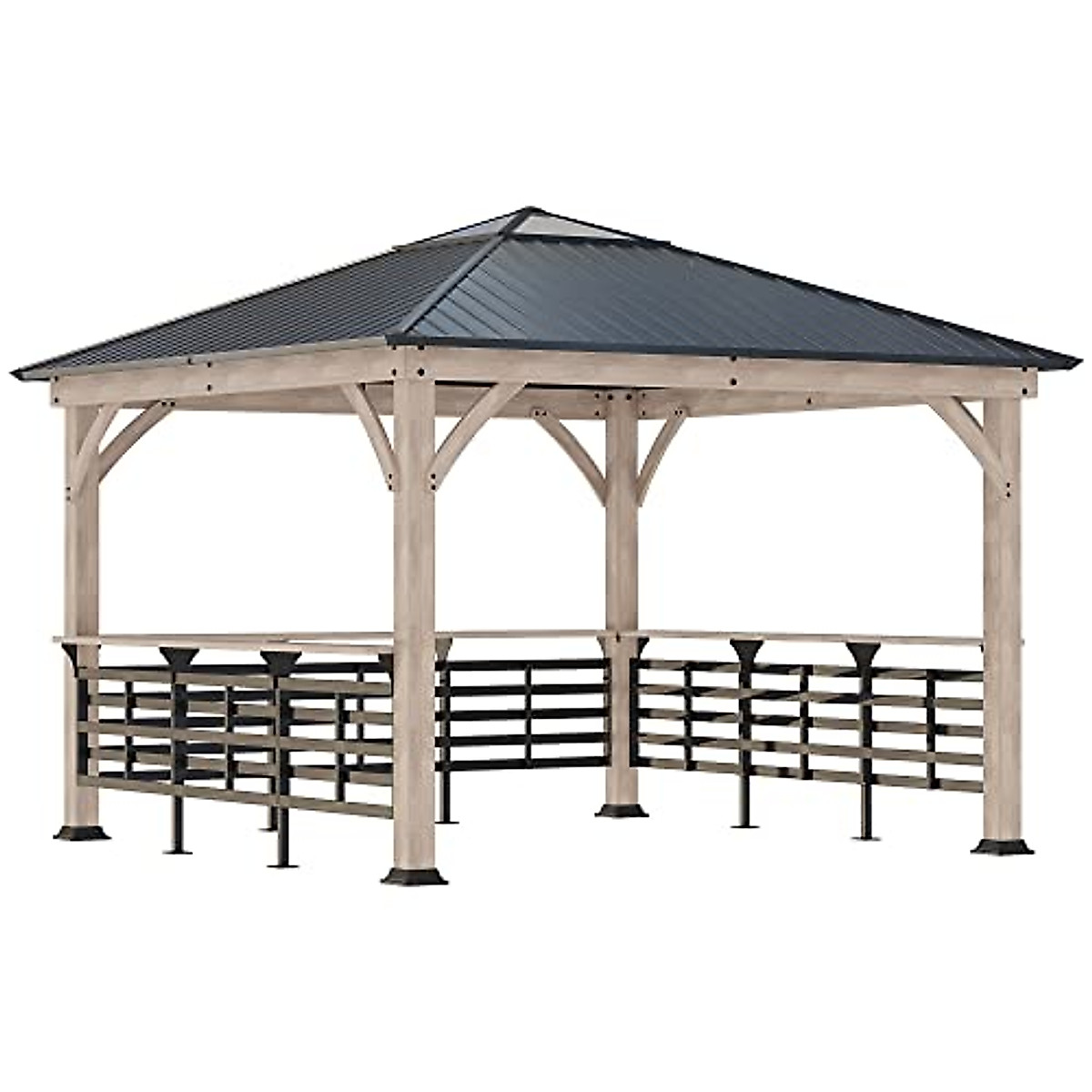 Outsunny 11' x 11' Hardtop Gazebo with Metal & Acrylic Combined Roof, Wood Frame, Permanent Pavilion Grill Gazebo with Bar Counters, Ceiling Hook, for Patio, Garden, Backyard, Deck, Lawn