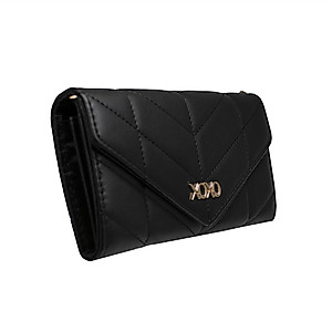 XOXO Women’s Wallet Small Black Vegan Leather Quilted Pattern Fold With Chain Crossbody Strap