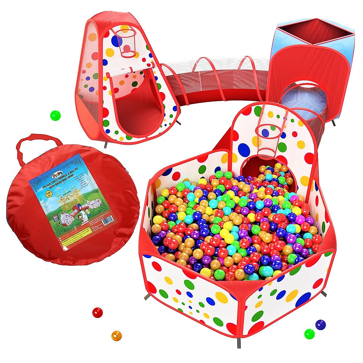 Playz 5-Piece Kids Play Tents Crawl Tunnels and Ball Pit Popup Bounce Playhouse Tent with Basketball Hoop for Indoor and Outdoor Use with Red Carrying Case